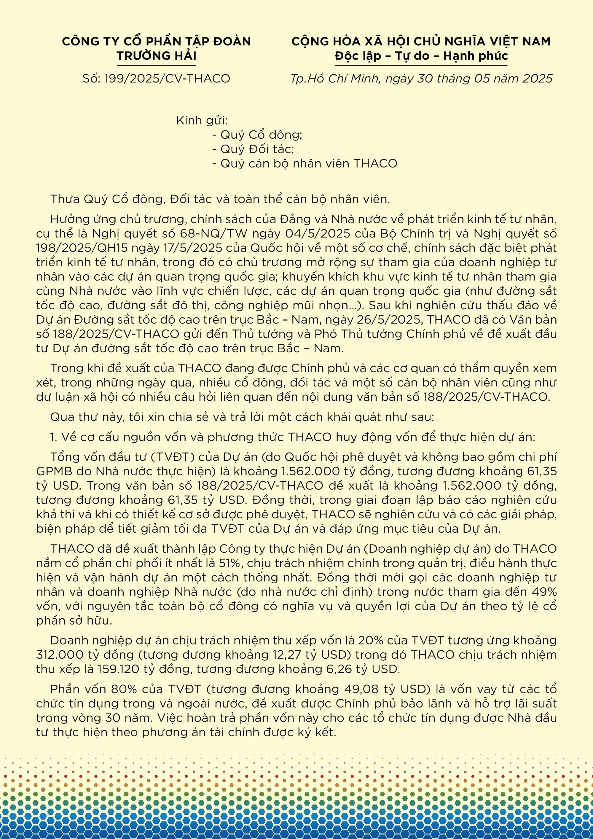 Tâm thư của tỷ phú Trần Bá Dương về việc THACO đề xuất đầu tư Dự án Đường sắt tốc độ cao Bắc ...