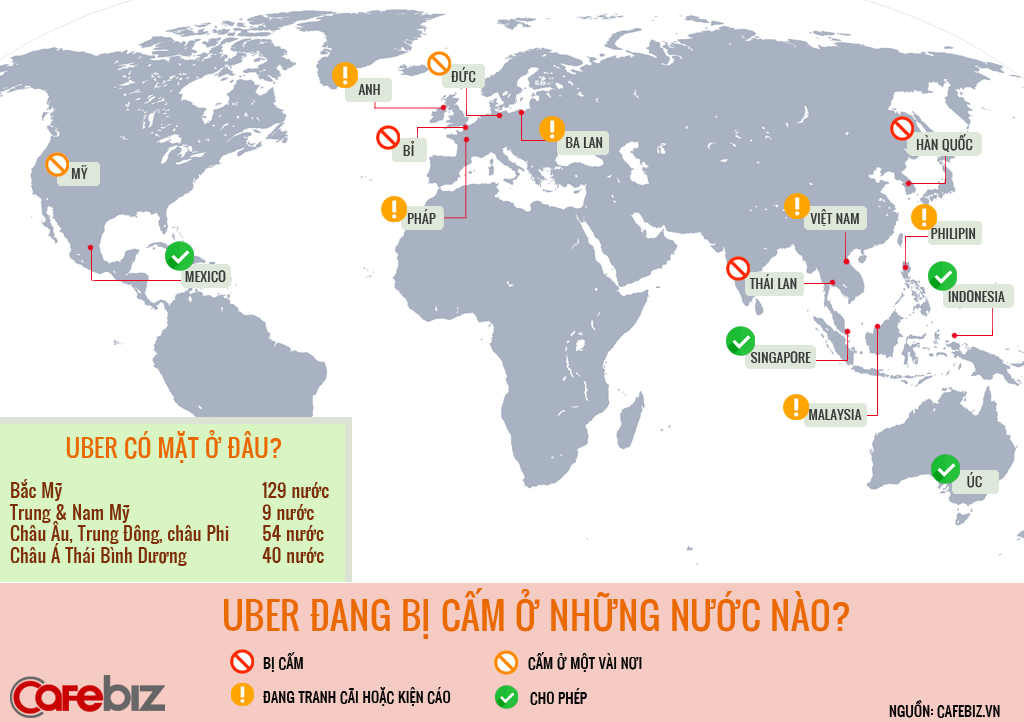 [Map] Uber bị cấm ở những nước nào?